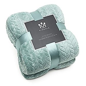 Kingole Flannel Fleece Luxury Throw Jacquard Weave Blanket, Celadon Twin Size Leaf Pattern Cozy Couch/Bed Super Soft and Warm Plush Microfiber 350GSM (66 x 90 inches)