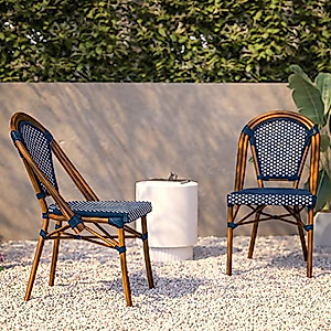Flash Furniture Bordeaux Set of 2 Indoor/Outdoor Commercial Bistro Stack Chairs - Navy/White PE Rattan Back and Seat - Natural Bamboo Print Aluminum Frame