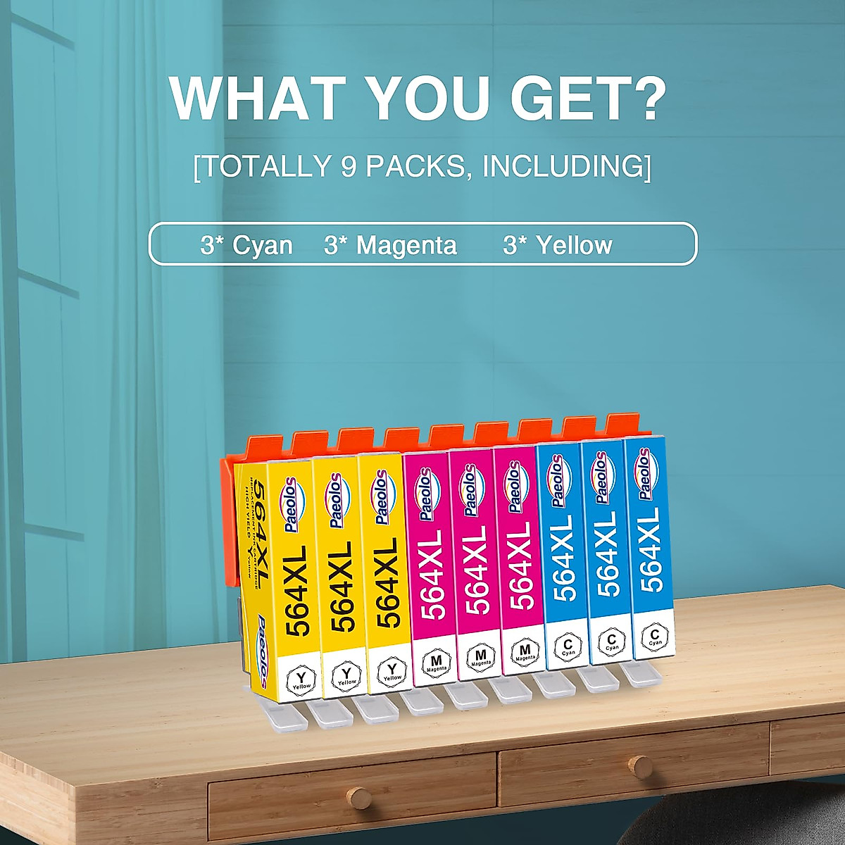 Paeolos Compatible 564XL Ink Cartridge Replacement for HP 564 XL Use with HP DeskJet 3520 3522 Officejet 4620 Photosmart 5520 6510 6520 7520 7525, 9 Packs (3 Cyan, 3 Magenta, 3 Yellow)