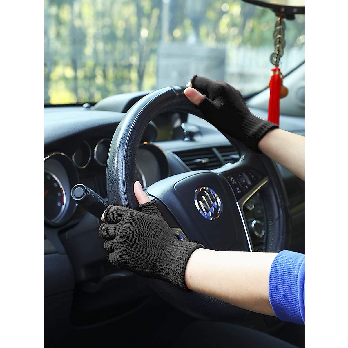 SATINIOR 4 Pairs Winter Half Finger Gloves Knitted Fingerless Mittens Warm Stretchy Gloves for Men and Women (Black, Navy)