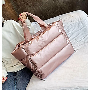 Large Puffer Tote Bag Women Handbags Winter Soft Puffer Shoulder Bag Portable Yoga Fitness Bag Travel Bag (Pink)