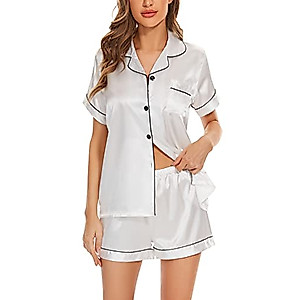 QLVKYW Womens Satin Pajama Shorts Set Silky 2 Piece Short-Sleeve Pjs Tops Button-front Lounge Wear With Casual Collar White