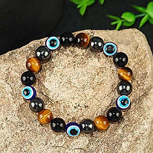 mens beaded bracelets（evil eye, tigers eye,hematite, obsidian）A handmade beaded crystal healing bracelet that can bring luck, happiness and protection(10mm elastic)