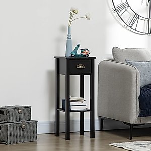 HOMCOM 2-Tier Side Table with Drawer, Narrow End Table with Bottom Shelf, for Living Room, Set of 1, Black