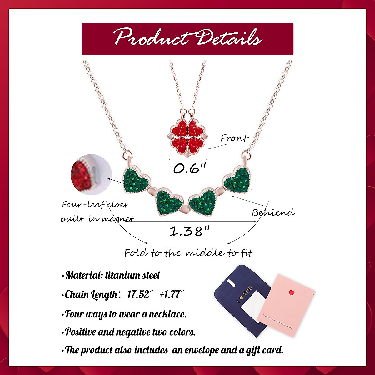 YANCHUN Valentines Heart Necklace for Womenfriend Heart Clover Necklace for Women Lucky 2 in 1 Four Leaf Clover Necklace Valentines Day Gifts for Her
