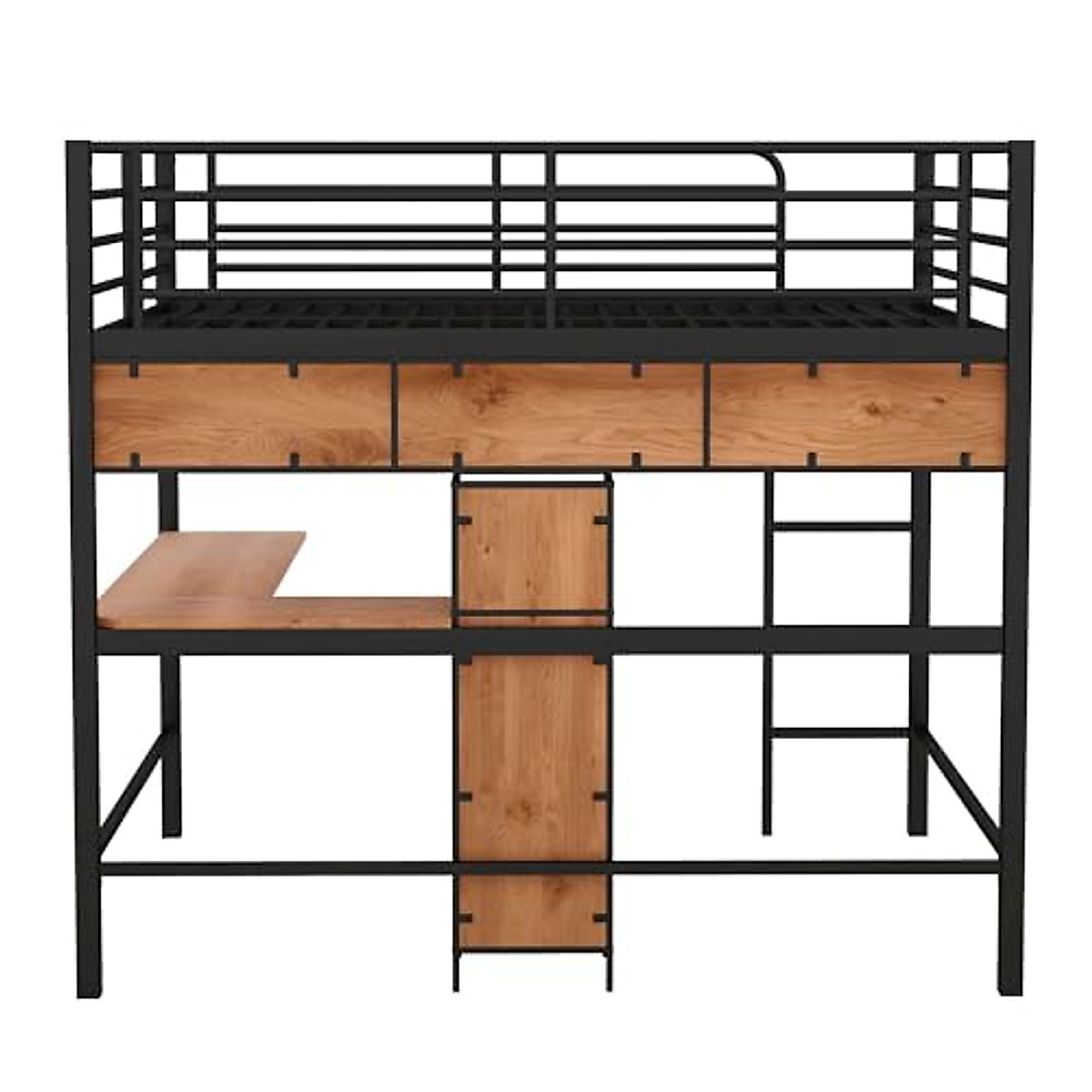 ATY Full Size Loft Bed with Wooden L-Shaped Desk and Small Storage Cabinet, Sturdy Metal Bedframe w/Shelves & Ladder, Save Space Design, for Kids Bedroom, Drom, No Spring Need Required, Black