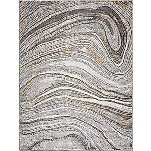 Hauteloom Liverpool Modern Abstract Bedroom Living Room Area Rug - Marble Swirl Pattern - Contemporary Bohemian Farmhouse - Light Grey, Dark Grey, Yellow - 7'10" x 10'