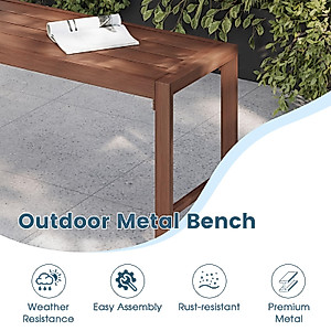 DIFY 3 Pcs Outdoor Furniture Set, Patio Dining Set with Metal Frame Rectangular Picnic Table and Outdoor Metal Backless Benches for Balcony, Poolside and Deck, Walnut