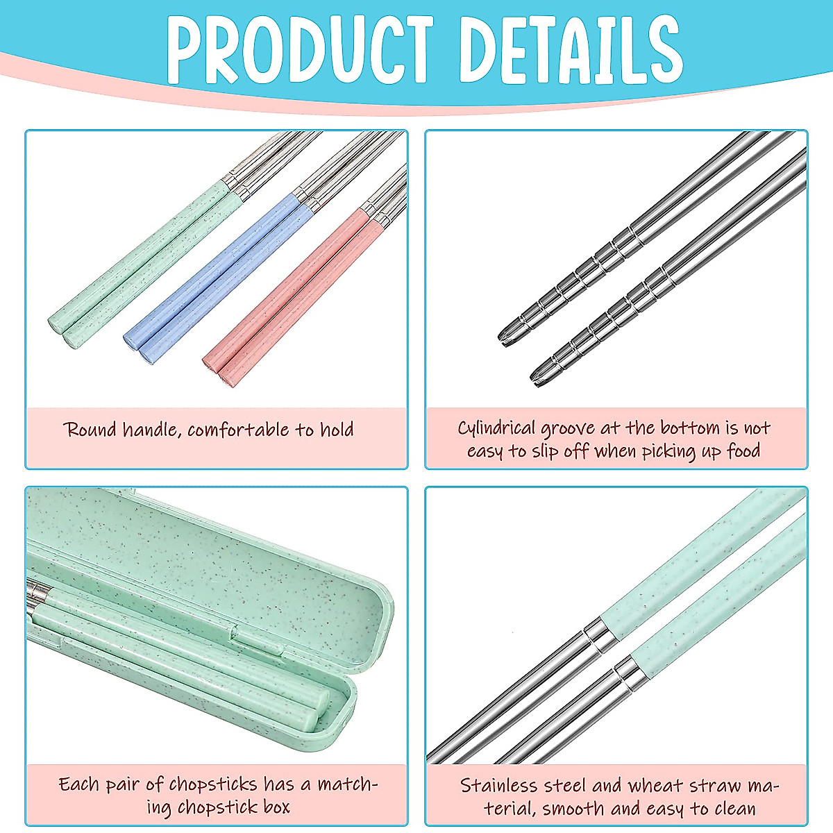 3 Pieces Portable Chopsticks with Case, Reusable Chopsticks Flatware Set, Metal Stainless Steel Travel Chop Sticks with Handle, Japanese Chinese Korean Chopsticks for Bento Box