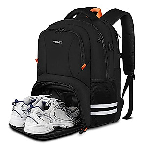 Ytonet Gym Backpack For Men Women, Travel Sports Track Backpack With Shoe Compartment USB Charging Port, Large Water Resistant Workout Laptop Backpack College Bag Fit 15.6 Inch, Camping, Black