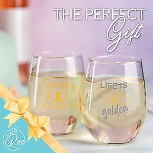 On The Rox Drinks Golden Retriever Gifts for Dog Lovers - Life Is Golden 15 oz Stemless Wine Glass Set of 2 - Cute Dog Face Glasses for Women - Funny Tumbler, Cup for Pet Lovers