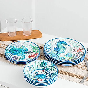 LEHAHA 12-Piece Melamine Beach Dinnerware Set, Coastal Plates and Bowls Sets, Oceanic Sea Life Dish Sets for 4, Great for Indoor Outdoor Dining on the Beach, RV, Camping or Cabin