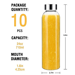 Sursip 24oz Glass Water Bottle Set of 10, Leak Proof Clear glass juice bottle for juicing, Reusable Drinking Bottles with Stainless Steel Lid, Beverage Storage Containers for Refrigerator-BPA Free