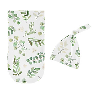 Sweet Jojo Designs Floral Leaf Baby Boy or Girl Cocoon and Beanie Hat 2pc Set Jersey Stretch Knit Sleeping Bag for Infant Newborn Nursery Sleep Wrap Sack - Green White Boho Botanical Woodland Garden