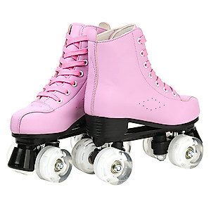 Women's Roller Skates PU Leather High-top Roller Skates Four-Wheel Roller Skates Double Row Shiny Roller Skates for Indoor Outdoor (Pink Flash,39-US: 7.5)