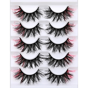 False Lashes with Color Faux Mink Eyelashes Wispies Fluffy Colored Lashes Dramatic Strip Lashes Pack (Pink)