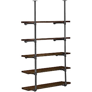 HITOMEN Industrial Iron Pipe Shelves, 2 Set 5-Tier, 70" Tall, 12" Depth, DIY Open Bookshelf Bookcase, Wall Mounted Vintage Retro Shelving, Rustic Farmhouse Pantry Kitchen Storage, Black Shelf Brackets