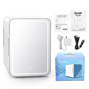 Ecowell WRE110 Mini Bedroom, 4L/6 Can Skincare Fridge with LED Mirror, AC/DC 12V Small Refrigerator for Skin Care Cosmetic Makeup Beauty Office Dorm Desk, White