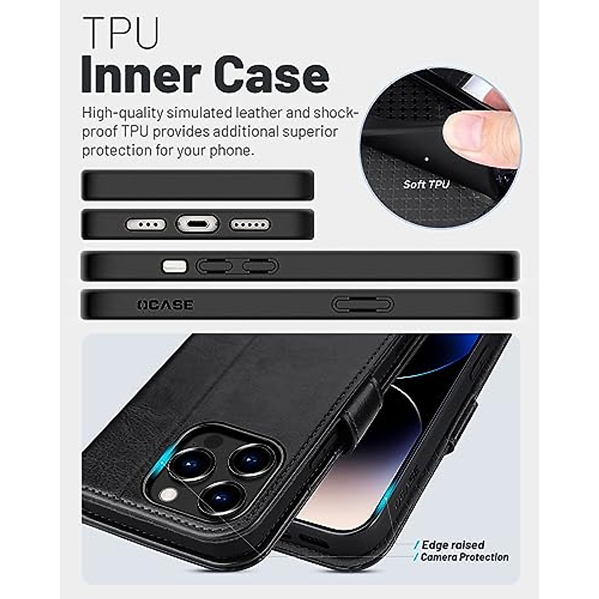 OCASE Compatible with iPhone 15 Pro Wallet Case, PU Leather Flip Folio Case with Card Holders RFID Blocking Kickstand [Shockproof TPU Inner Shell] Phone Cover 6.1 Inch 2023, Black