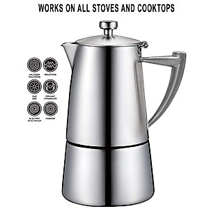 CUISINOX Roma Satin Stainless Steel Moka Pot Stovetop Espresso Maker, 6-Cup