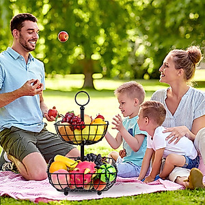 2 Tier Fruit Basket Bowls, Fruit and Vegetable storage for Kitchen Countertop Organizer, Stackable Wire Baskets and Fruit Basket Stand, Onion potato storage with Metal basket (Black, Large)