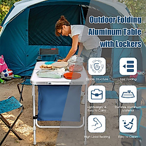 Goplus Folding Camping Table with Storage, Aluminum Outdoor Camp Table with 2-Level Adjustable Height, Lightweight Portable Foldable Picnic Table for Tailgating Beach BBQ Party RV