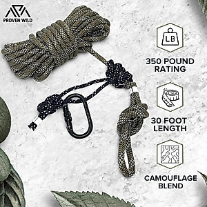 Reflective Safety Rope for Tree Stand - 30ft Premium Treestand LifeLine Rope Hunting - Safety Harness Lifeline Rope. Treestand Safety Harness Rope Camo with Prusik knot life line and Carabiner