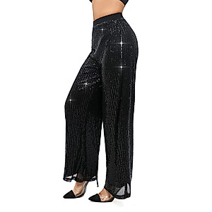 YHYJMY Womens Casual Sparkle Sequin Glitter Bling Loose Elastic High Waist Shiny Wide Leg Pants (K284-Black-M)