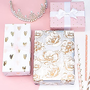 MAYPLUSS Wrapping Paper Roll - Mini Roll - 17 inch X 120 inch Per roll - 3 Different Pink and Gray Floral Design (42.3 sq.ft.ttl)