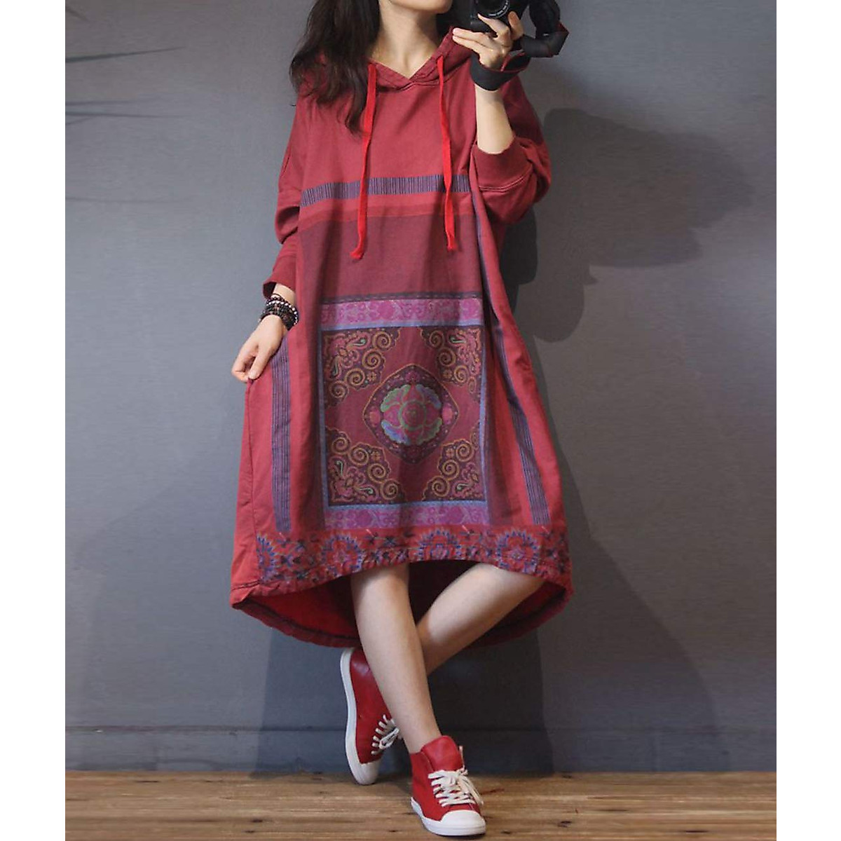 YESNO Women Casual Loose Ethnic Floral Hoodies Sweatshirts Jackets Curved Hemline with Drawstring Long Sleeve/Pockets JCJ (One Size YK9 Red)