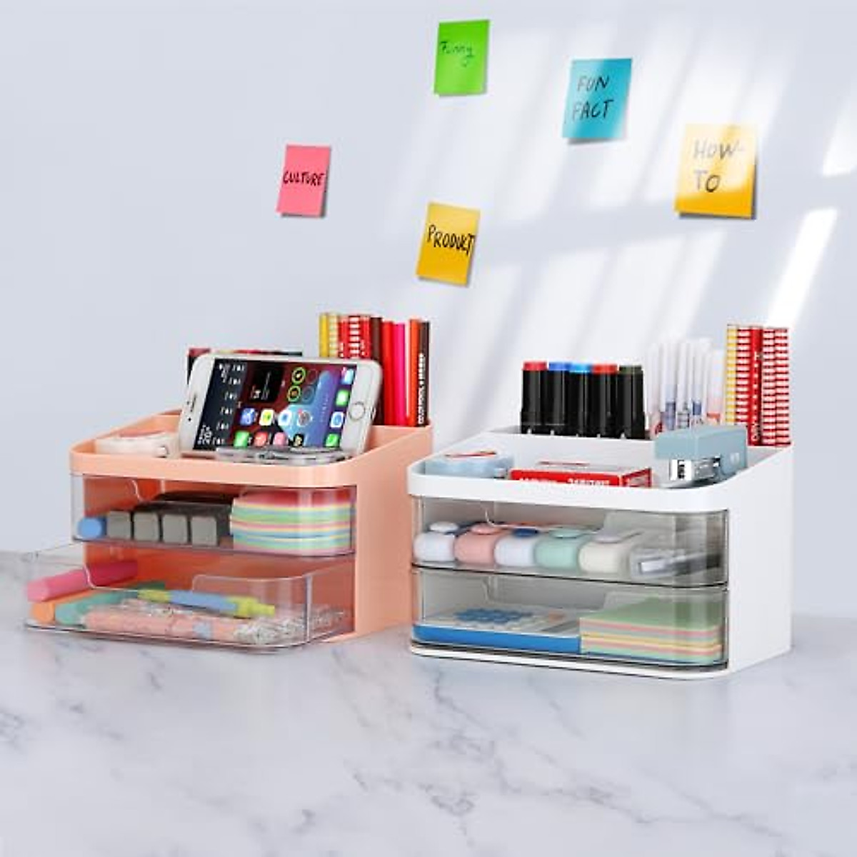 LETURE Desk Organizer with 2 Drawer, Plastic Desktop Storage Organizer Pencil Card Holder Box Container for Desk, Office School Home Supplies, Vanity Table (White)