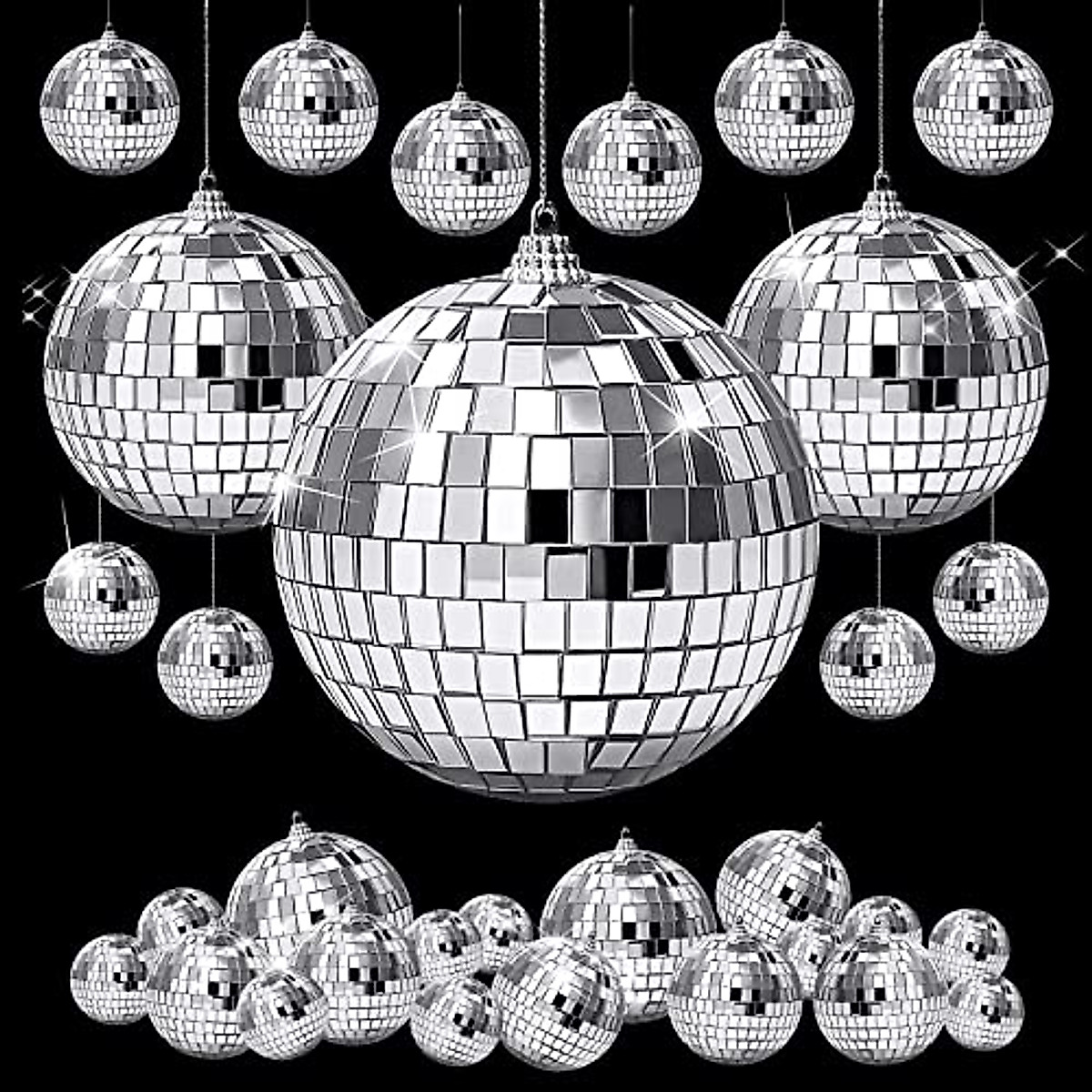 30PCs Hanging Mirror Disco Ball Ornaments Silver Disco Balls Decoration Ball Cake Decoration 70s Disco Party Disco Ball with Rope