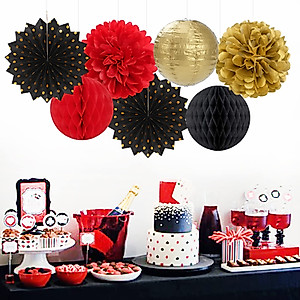 Red-Black Gold Party Decorations Streamers Lanterns - 14pcs Casino-Theme Graduation 2024 Paper Fan,Game Night Wedding Birthday Baby Bridal Shower Tissue Pom Poms,Honeycomb Balls Decor Ouruola