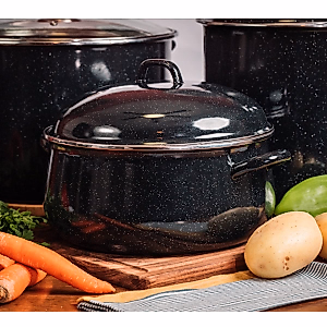 Granite Ware 9.5 Qt Heavy Gauge Dutch Oven with Lid. (Speckled Black) Enamelware. Stainless Steel. Suitable for Cooktops, Oven to Table. Dishwasher Safe.