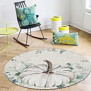 White Chic Pumpkin Round Area Rug 3ft,Washable Outdoor Indoor Carpet Runner Rug for Bedroom,Kitchen,Living Room,Office,Area+Rug Small Bath Door Desk Mat Thanksgiving Fall Greenery Eucalyptus Plant