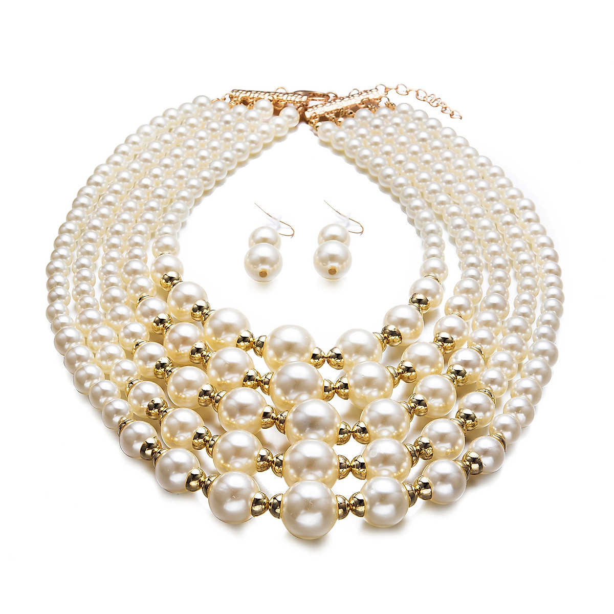 Yuhuan Women Elegant Pearl Jewelry Bead Cluster Collar Bib Choker Necklace and Earrings Set (Ivory)