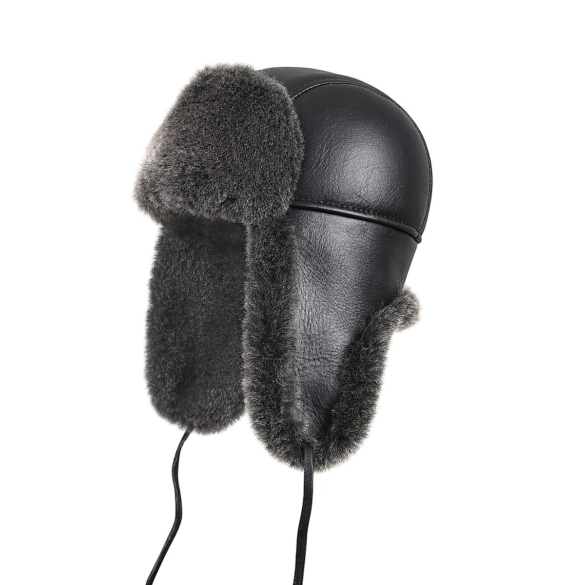 Zavelio Unisex Shearling Sheepskin Leather Aviator Russian Ushanka Trapper Winter Fur Hat Large Black
