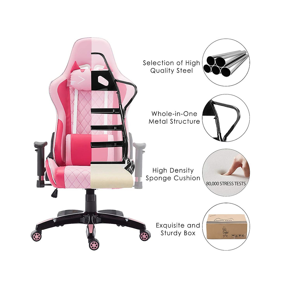 chairus Pink Gaming Chair Racing Computer Desk Game Chair Ergonomic Backrest Reclining Office Chair with Lumbar Pillow and Cute Kitty Headrest