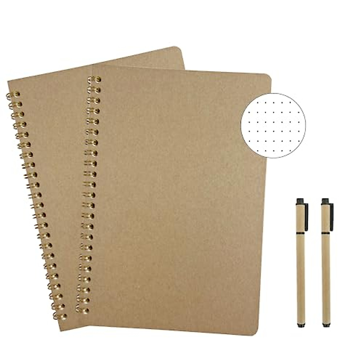 AOU 2-Pack Spiral Dotted Notebooks, A5 Journals With 100gsm Thick Dot Grid Paper, Aesthetic Bullet Dotted Journals with 200 Pages&2 Gel Pens For School&Office Supplies, 8.3"x5.7" (Brown)