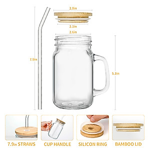 Mason Jars with Handle, Mason Jars Glass Cups with Bamboo Lid , Colorful Airtight Lids & Straws, 16 oz Reusable Boba Bottle, Iced Coffee Cup, Travel Tumbler for Bubble Tea, Smoothie, Juice - 4 Pack