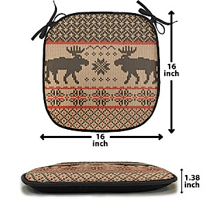 Lunarable Cabin Chair Cushion Pads Set of 4, Knitted Swatch Deers and Snowflakes Classical Country Plaid Digital, Anti-Slip Seat Padding for Kitchen & Patio, 16"x16", Brown Vermilion Ivory