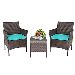 PayLessHere 3-Piece Outdoor Wicker Conversation Bistro Set Outdoor Patio Porch Furniture Sets for Yard, Garden with 2 PE Rattan Wicker Chairs, 2 Cushions,1 Coffee Table (Blue)