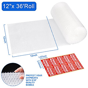 2-pack Bubble Cushioning Wrap Rolls, 3/16" x 12" x 72' ft Total Bubble Packing Wrap,Cushioning Rolls Packing Supplies Perforated Everv 12 ",with 20 Fragile Stickers for Packing Moving Shipping