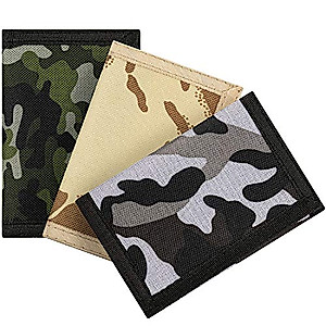Weewooday 3 Pieces Wallets Ages 6-18 Canvas Trifold Wallets with Sticker and Zipper Pocket for Christmas Birthday Gift (Black, Khaki, Army Green,Camouflage Style)