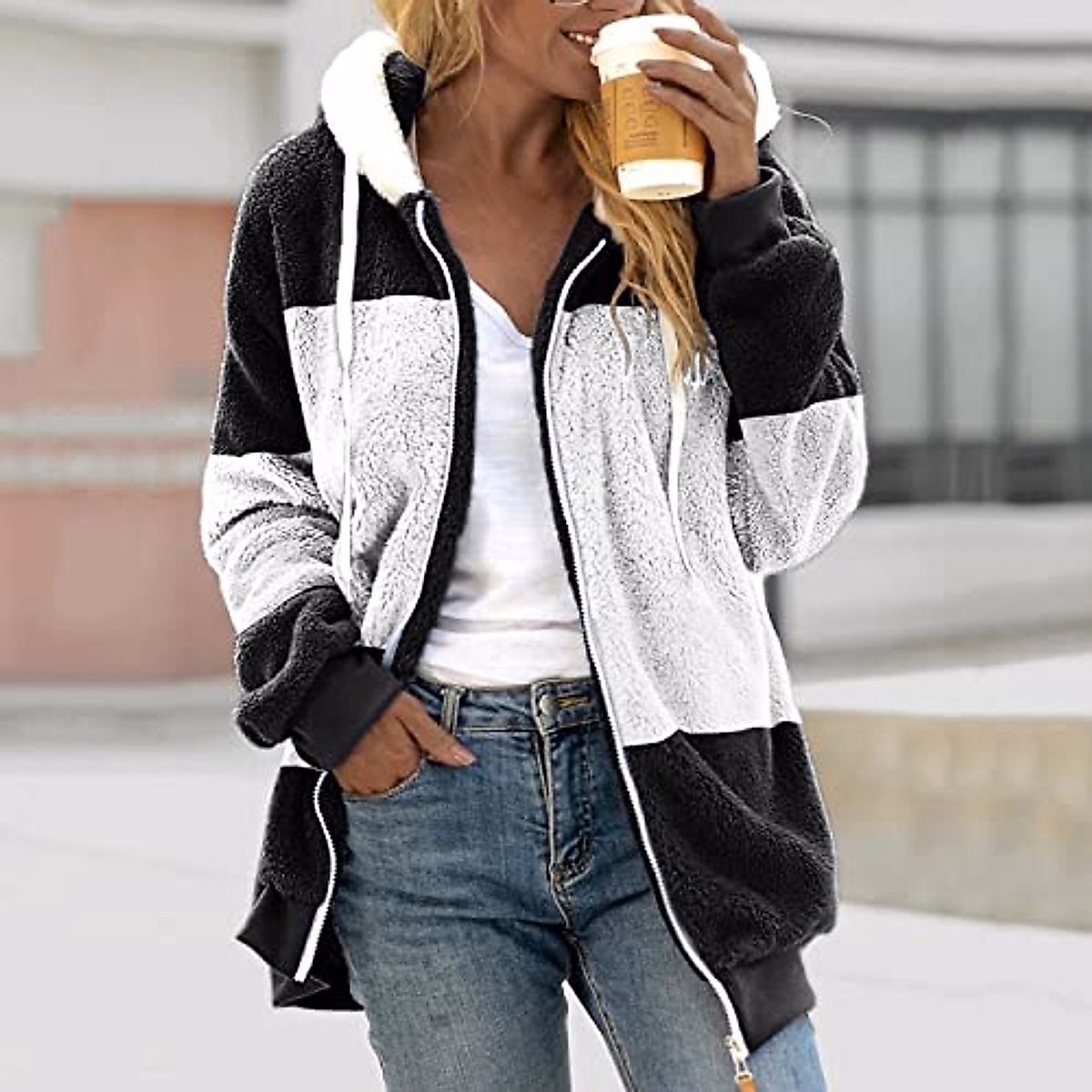 Winter Coats For Women, Shearling Jacket Fuzzy Loose Large Size Plush Multicolor Paneled Hooded Zip Jacket Fur Coats Women Faux Fall Jackets 2023 Ski With Hood, Jacket Coats (XL, White)