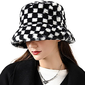 Campsis Winter Faux Bucket Hat Black Checkerboard Wool Fluffy Plush Bucket Hat Thick Fuzzy Fisherman Hat Skiing Cycling Camping Hiking for Women and Girls