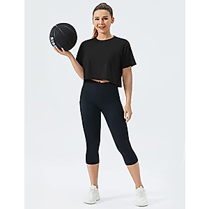 THE GYM PEOPLE Women's Workout Crop Top T-Shirt Short Sleeve Boxy Yoga Running Cropped Basic Tee Black