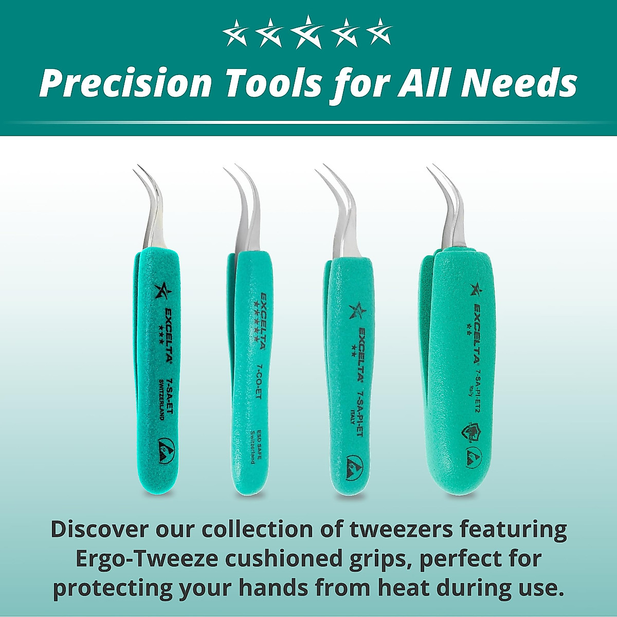 Excelta Stainless Steel Tweezers, 5.25" Straight Tapered Flat Point, Anti-Static Cushioned Grip for SMD, Electronics & Lab Use, Professional