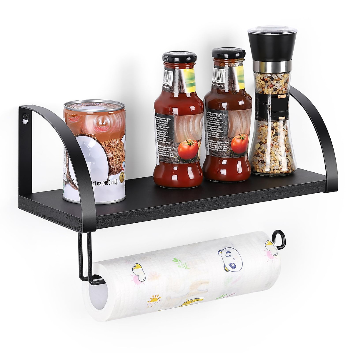 Paper Towel Holder Wall Mount with Shelf Industrial Pine Wood Paper Towel Roll Rack Under Cabinet Spice Rack for Kitchen Bathroom Hanging Paper Towel Holder - Matte Black
