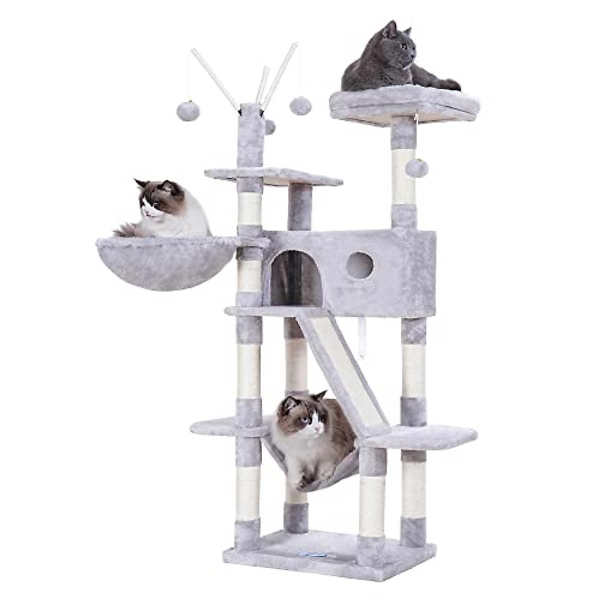 Hey-brother Cat Tree, 61 inch Cat Tower for Indoor Cats, Cat House with Padded Platform Bed, Toy Balls, Large Cozy Condo, Hammocks and Sisal Scratching Posts, Light Gray MPJ019W